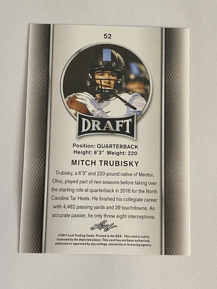 Mitch Trubisky Rookie Card 2017 Leaf Draft Base #52 UNC Tar Heels RC ...
