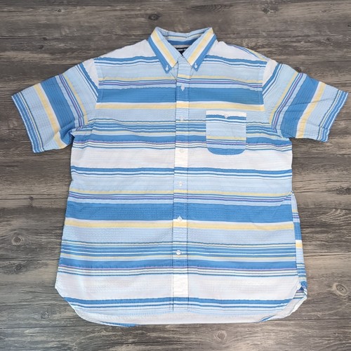 Mens Causal Short Sleeve Striped Lands End Blue Large Button Up Casual ...