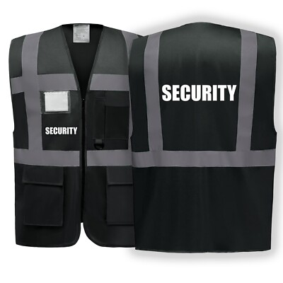 PRINTED SECURITY BLACK ZIPPED HI VIS VESTS WAISTCOATS STAFF, SIA ...
