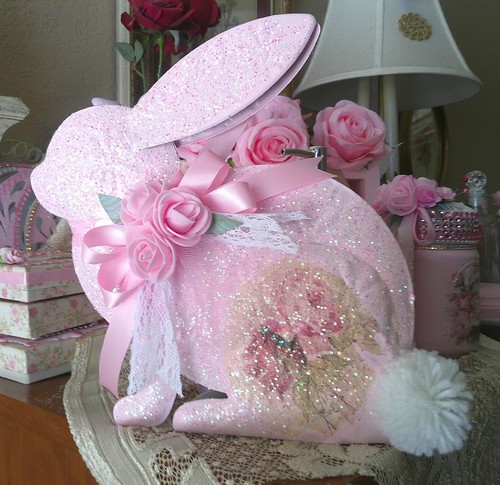 Shabby Chic Victorian Embossed Easter Bunny~PINK~Cotton Tail~Roses ...