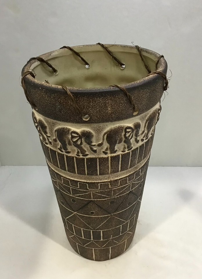 Clay Pottery Brown Striped Raised Elephant Trim 9.5" Vase | eBay