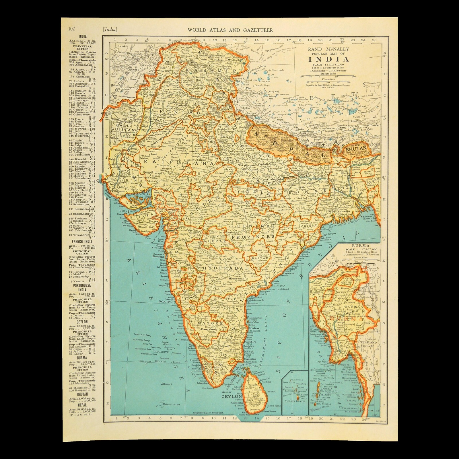 ca 1943 Antique INDIA Map Vintage Map of | Grelly USA