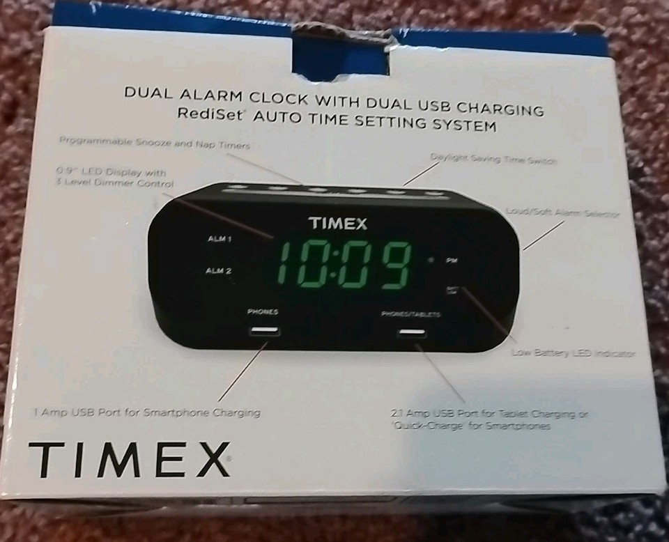 Timex Dual Alarm Clock with Dual USB Charging RediSet Auto Time Setting ...