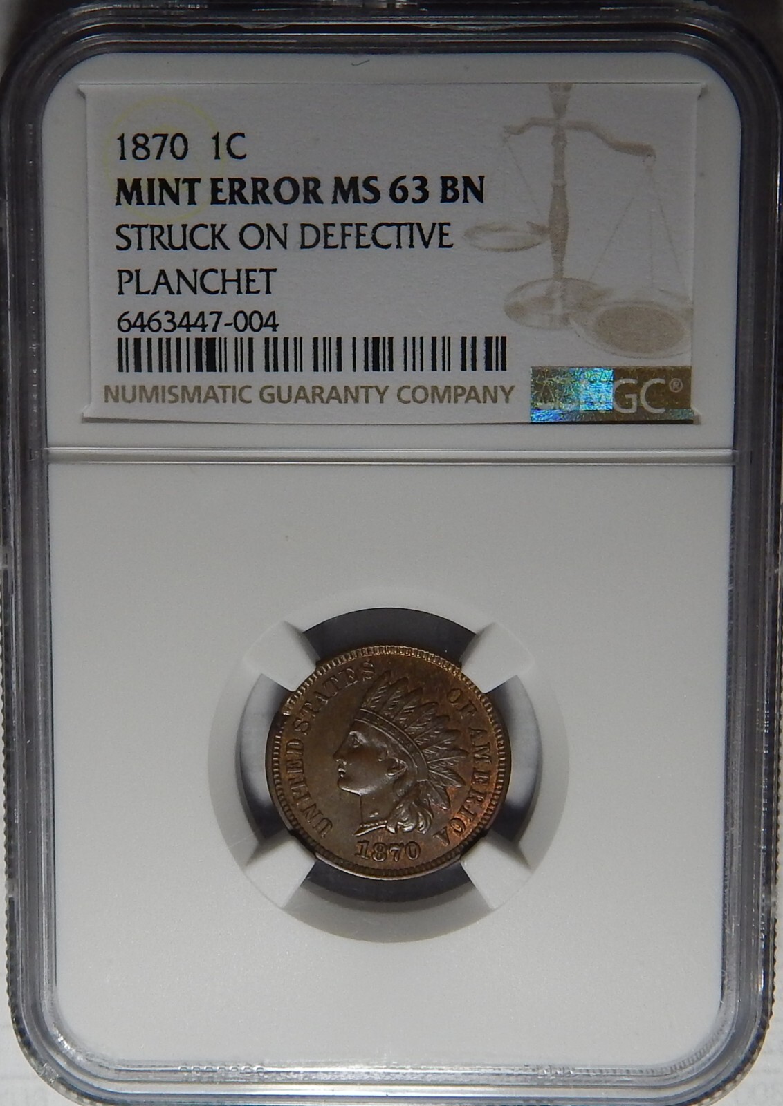 1870 MINT ERROR NGC MS63BN (STRUCK ON DEFECTIVE PLANCHET) INDIAN HEAD ...