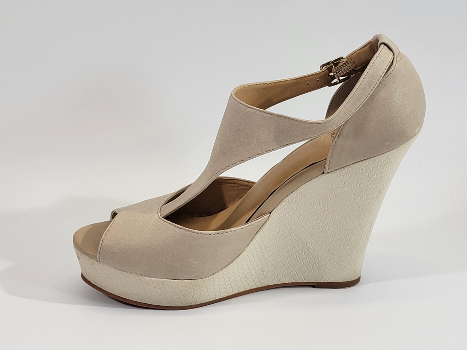 HHP Women's Size 8.5 BC Tan Leather T-Strap Wedge Pumps High Heel Shoes ...