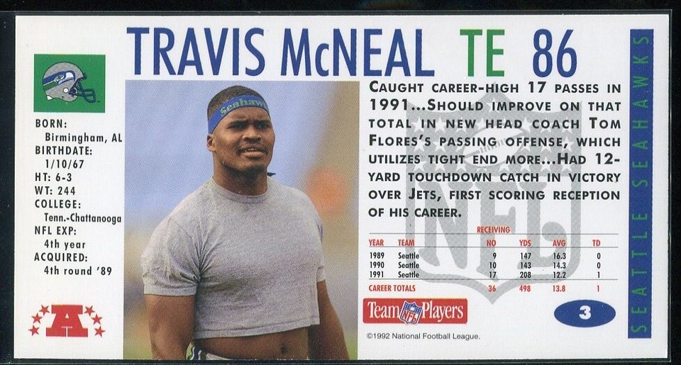 1992 Fleer GameDay Tall Boy Football Travis McNeal #3 Seattle Seahawks ...