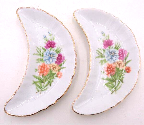 Vintage Set of 2 Crescent Plates Floral Centers with Gold Trim Made in ...