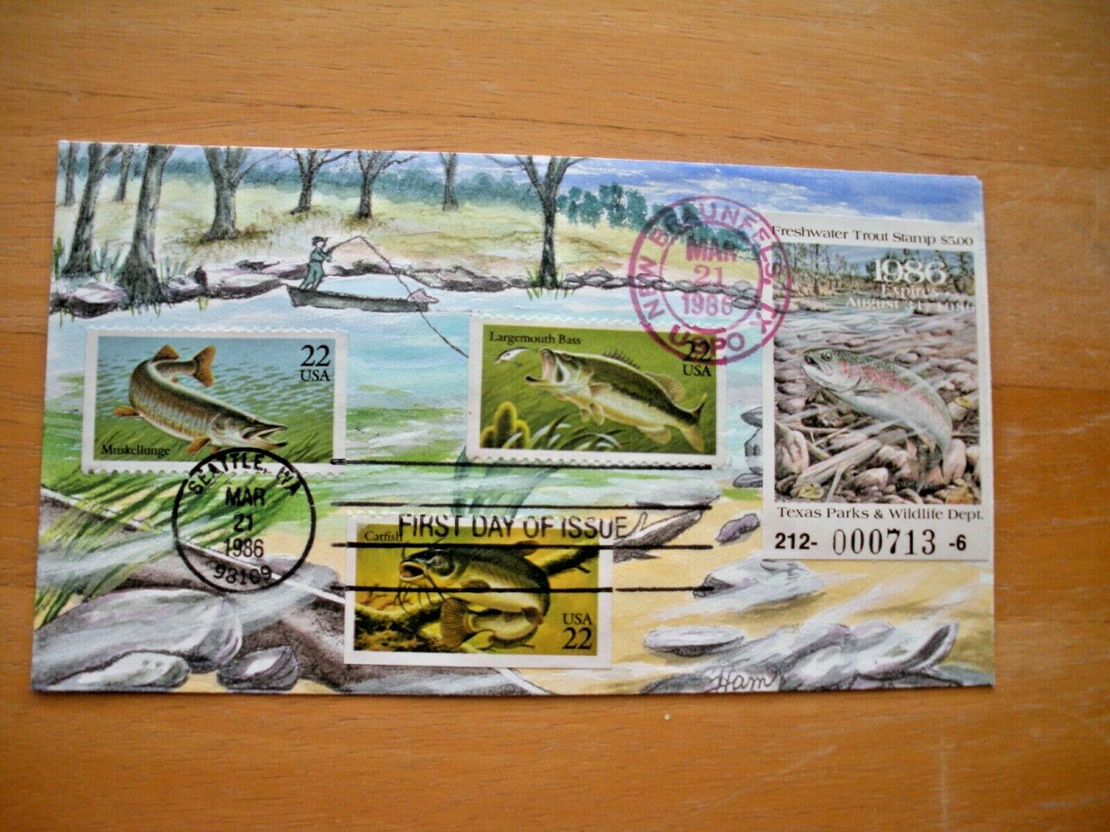 Ham Let's go Fishing FDC 1986 Trout Stamp + 3 fish stamps Full colored ...