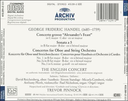 David Reichenberg : Handel: Alexanders Feast, 3 Oboe Concert CD ...