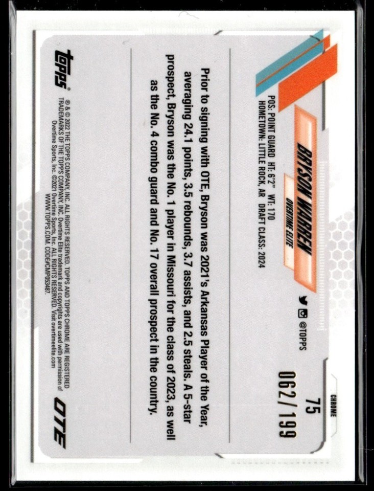 Bryson Warren 2021-22 Topps Chrome Overtime Elite Aqua Refractor /199 ...
