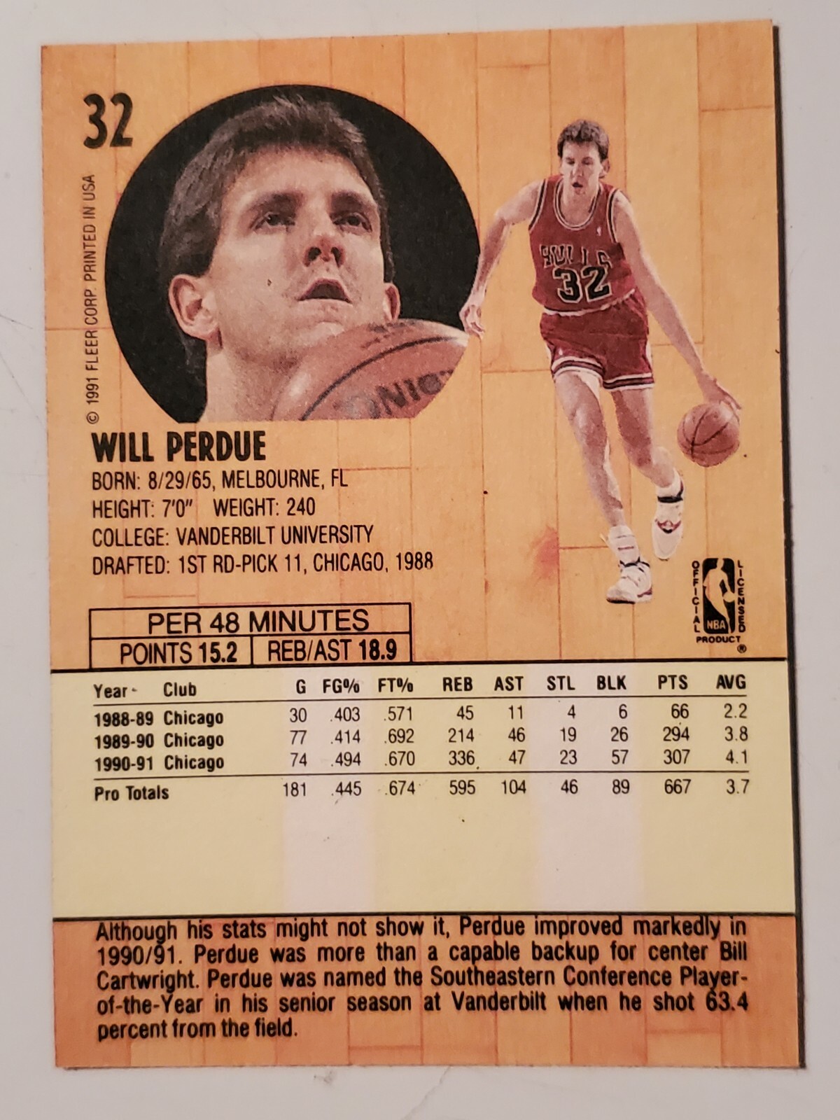 AUTHENTIC Chicago Bulls WILL PERDUE Southeastern Conference Player of ...