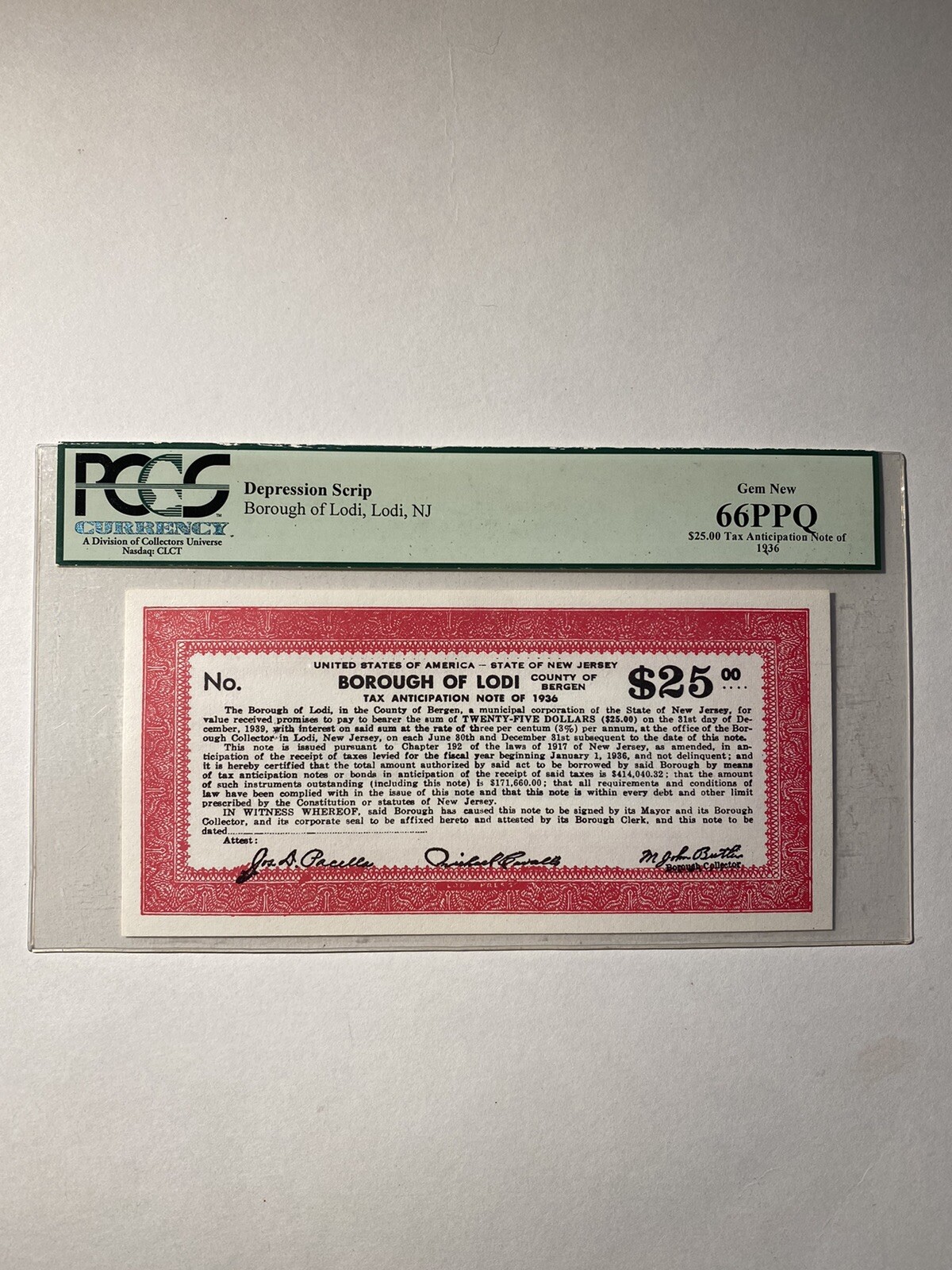 Depression Scrip Borough Of Lodi New Jersey $25 Tax Anticipation Note ...