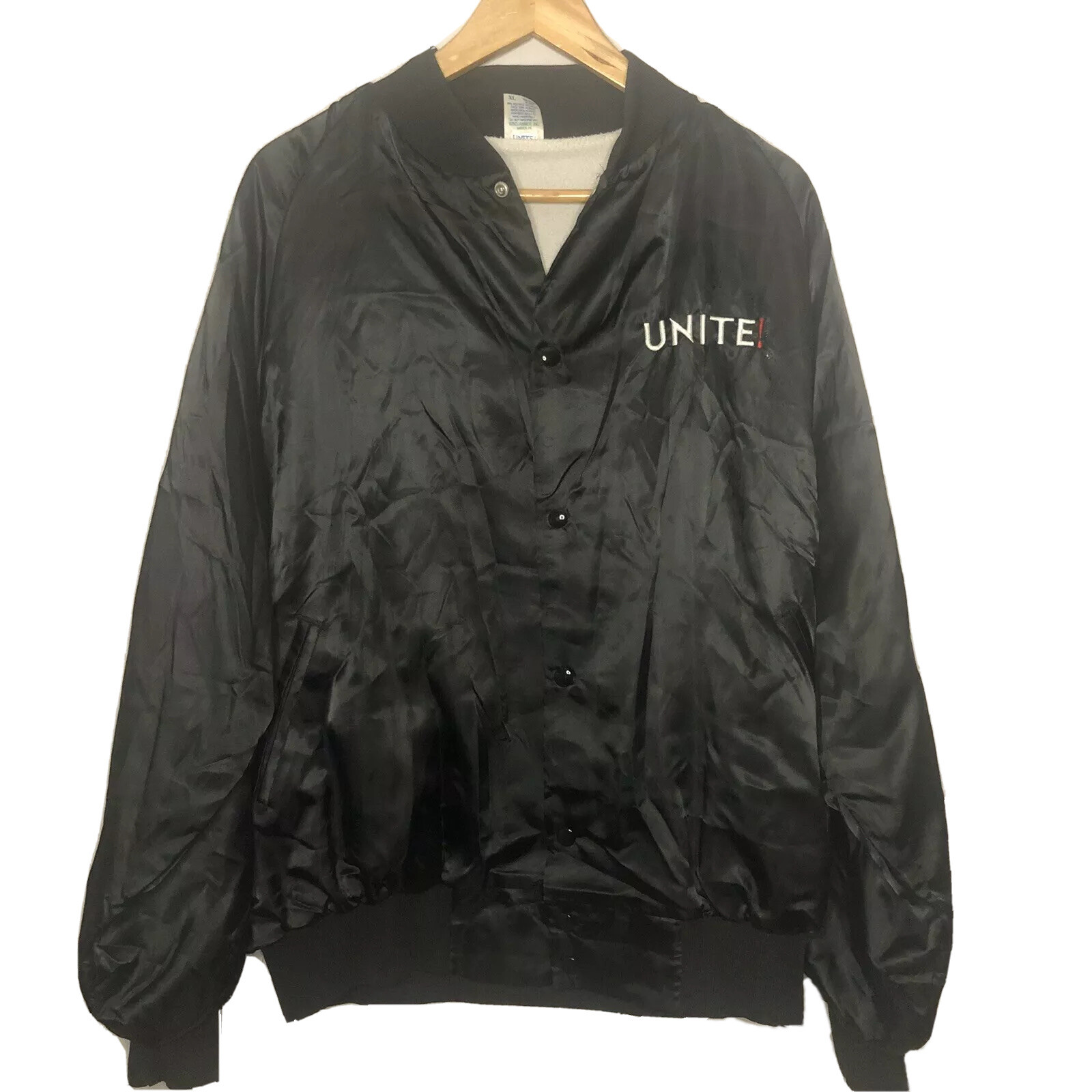 Rare Vtg Satin Jacket Embroidered Union Textile Black UNITE Men Large ...