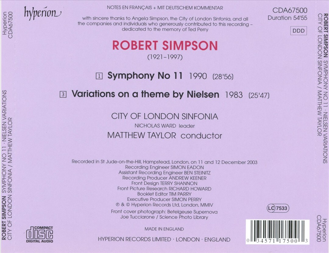 MATTHEW TAYLOR ROBERT SIMPSON: SYMPHONY NO. 11; VARIATIONS ON A THEME ...