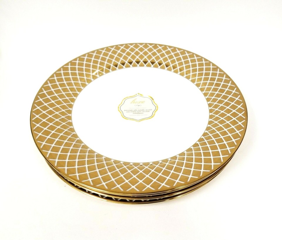 LUXE SET OF 4 PORCELAIN METALLIC GOLD DIAMOND PATTERN DINNER,SALAD ...