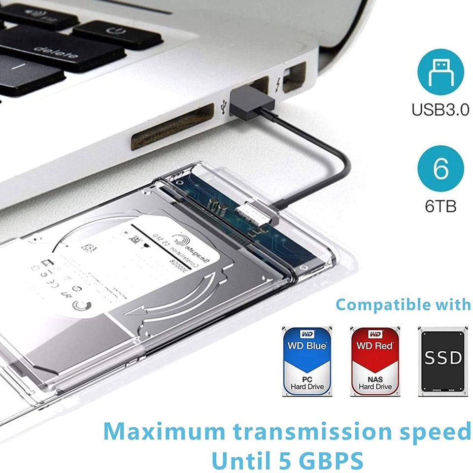 2.5" SATA USB 3.0 Clear Hard Drive Disk HDD SSD Enclosure External ...
