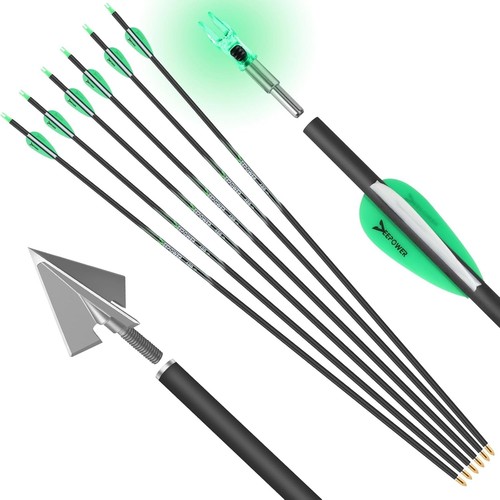 6 Pack 31 inch 100% Carbon Arrows with Lighted Nocks and Broadheads for ...