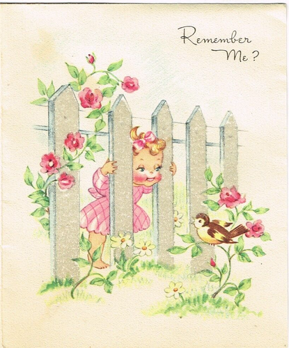 Greeting Card Remember Me Sweet Little Girl Bird Flowers 1946 Vintage w ...