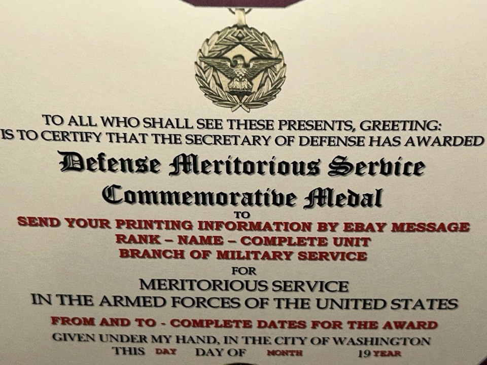 DEFENSE MERITORIOUS SERVICE MEDAL COMMEMORATIVE CERTIFICATE ~ TYPE-2 w ...