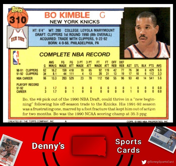 1992 Topps #310 Bo Kimble New York Knicks Basketball Card | eBay
