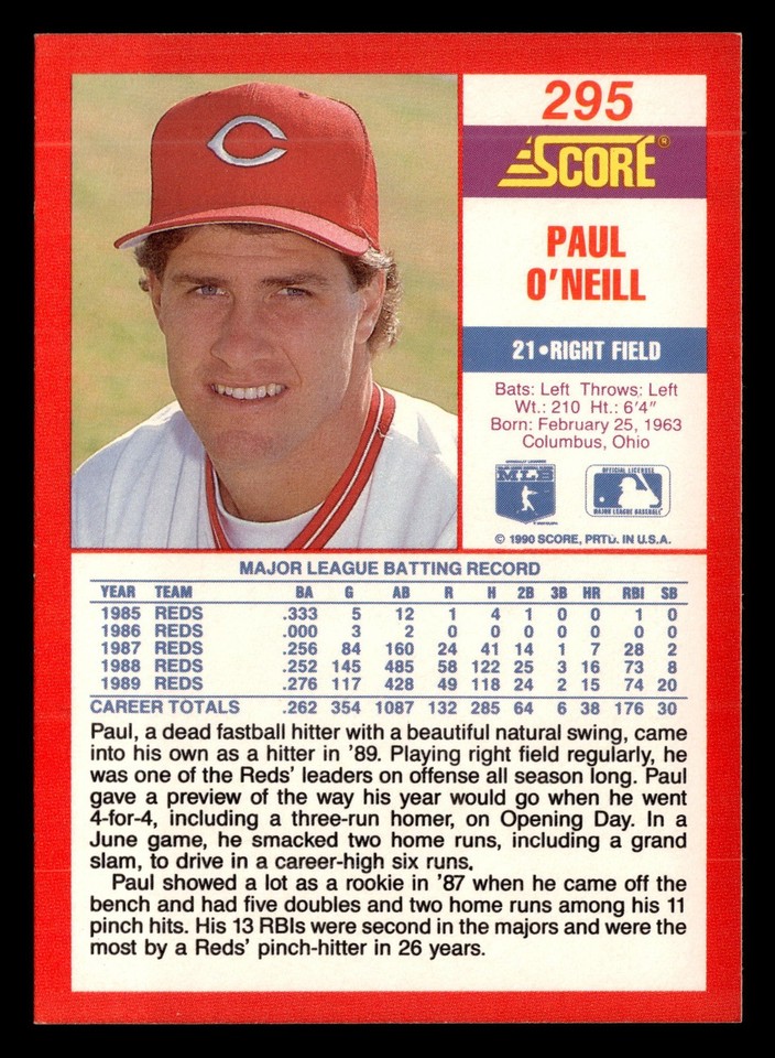 Paul O’Neill 1990 Score #295 Cincinnati Reds BASEBALL *111 | eBay