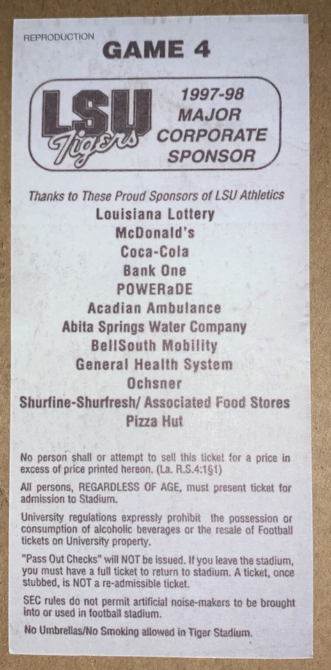 1997 LSU Tigers vs Florida Gators Replica Ticket Stub Football | eBay
