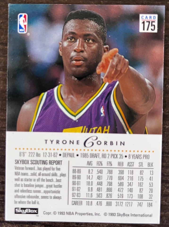 1993-94 SkyBox Premium #175 Tyrone Corbin Utah Jazz NBA Basketball Card | eBay