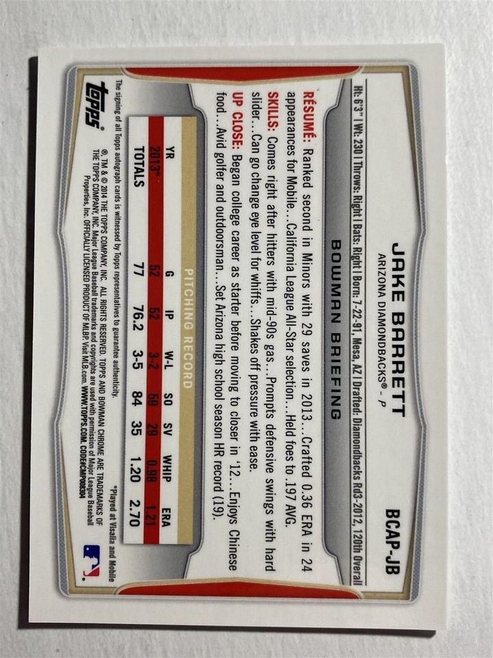 JAKE BARRETT diamondbacks 2014 Bowman Chrome Prospect #BCAP-JB AUTO ...