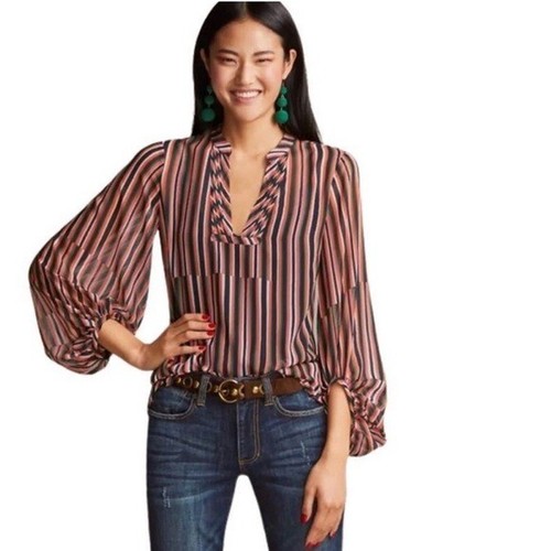 Cabi Striped Ultimate Multicolor Chiffon Sheer Balloon Sleeve Blouse Navy Small | eBay