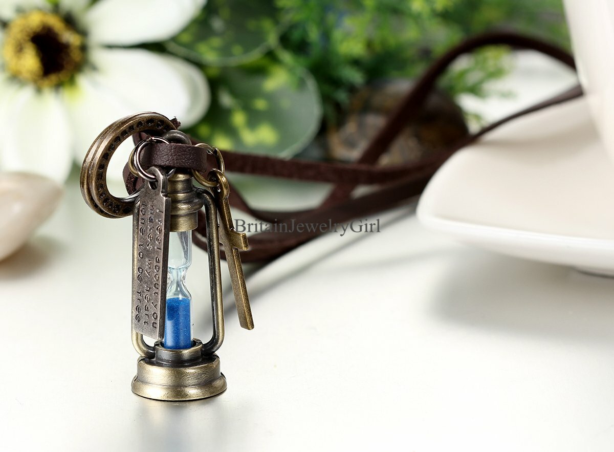 Vintage Blue Hourglass Cross Pendant Men Women Leather Cord Necklace ...