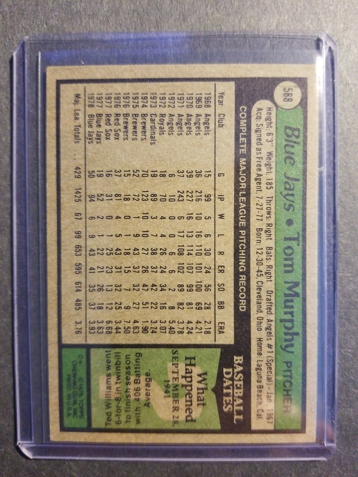 Tom Murphy Toronto Blue Jay's 1979 Topps #588 Autographed Baseball Card ...