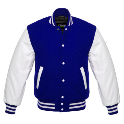 New Royal Blue Varsity Letterman Wool Jacket with White Leather Sleeves ...