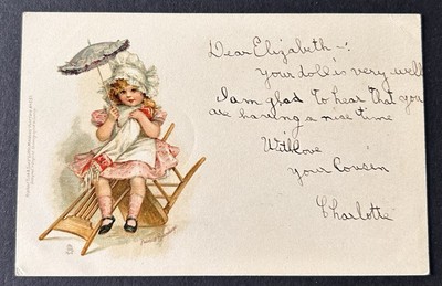 Frances Brundage Postcard ~ Girl w/Parasol Hold Doll on Upended Chair ...