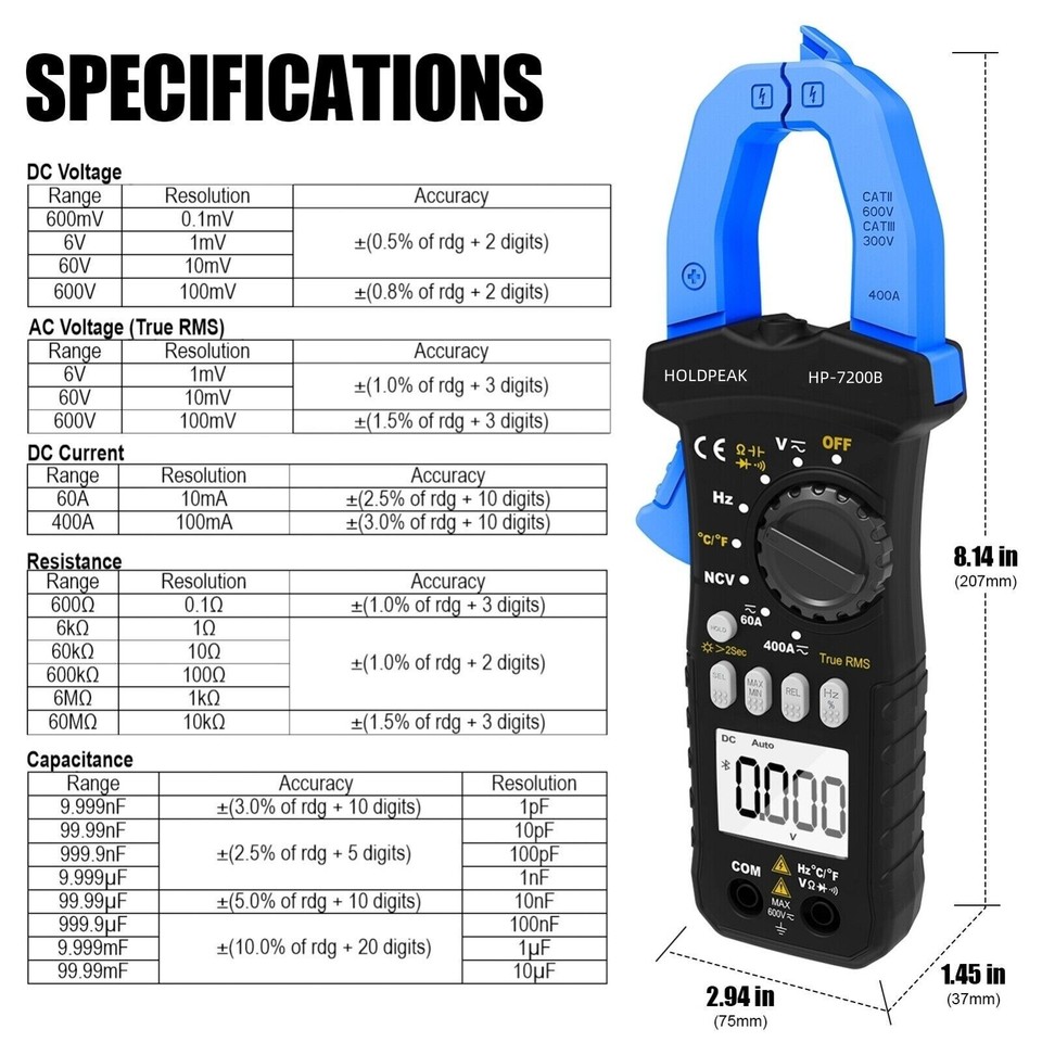 TRMS Clamp Multimeter AC/DC Current Amp Volt NCV Digital Clamp Meter ...