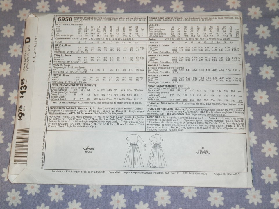 McCALL'S 6958 MISSES FRONT BUTTON DRESS WITH VARIATIONS PATTERN UNCUT ...