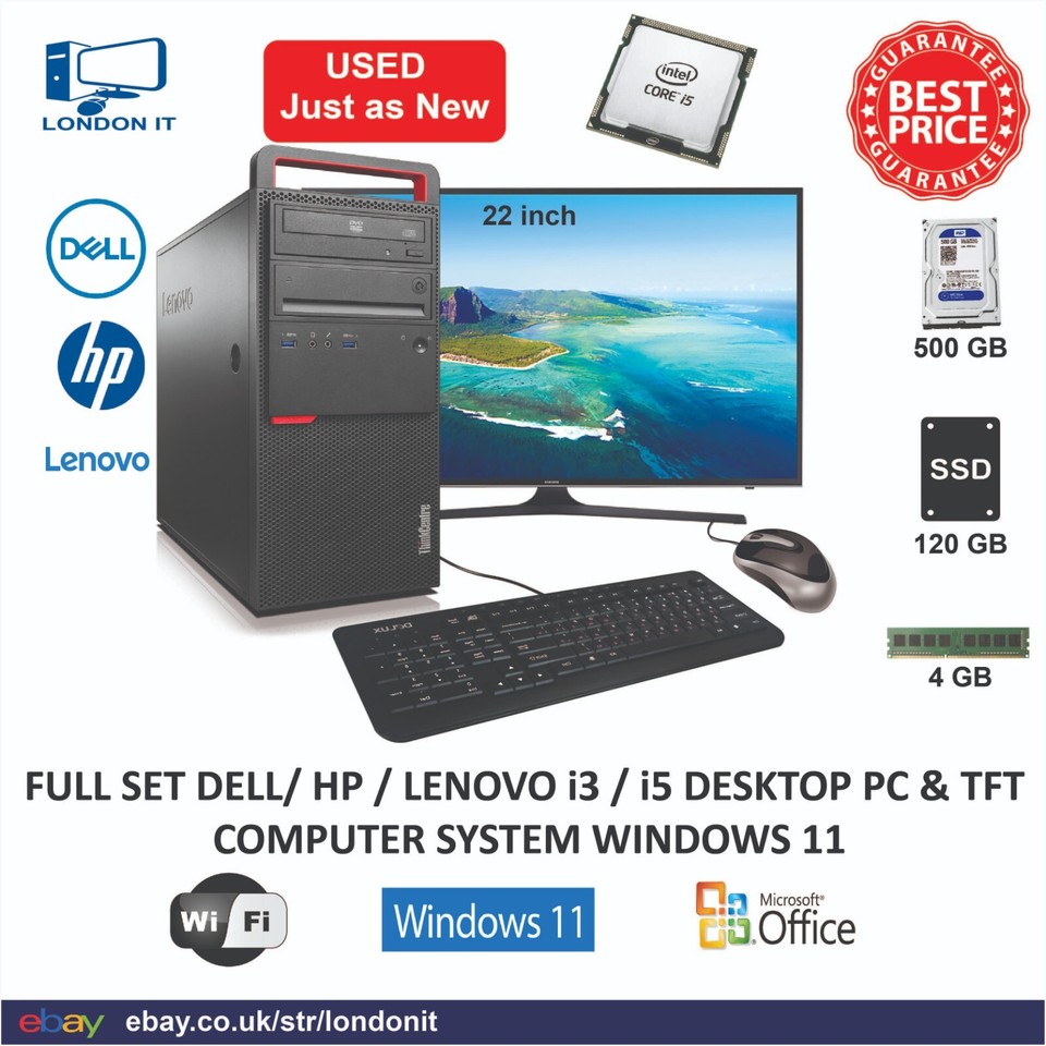 Fast Computer DELL HP i3 i5 DESKTOP PC 120GB SSD +500GB Desktop CPU PC ...