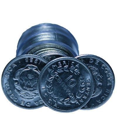 Gem Unc Roll (20) Costa Rica 1958 10 Centesimo Coins~Stainless Steel ...