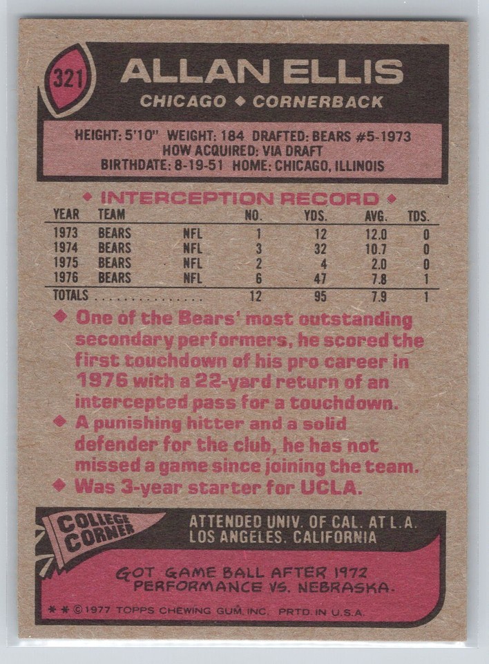 1977 Topps Mexican #321 Allan Ellis - Bears - NmMt | eBay