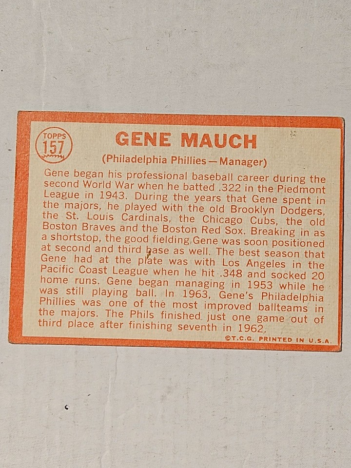 1964 Topps #157 Gene Mauch Phillies Manager EXCELLENT Actual card is ...