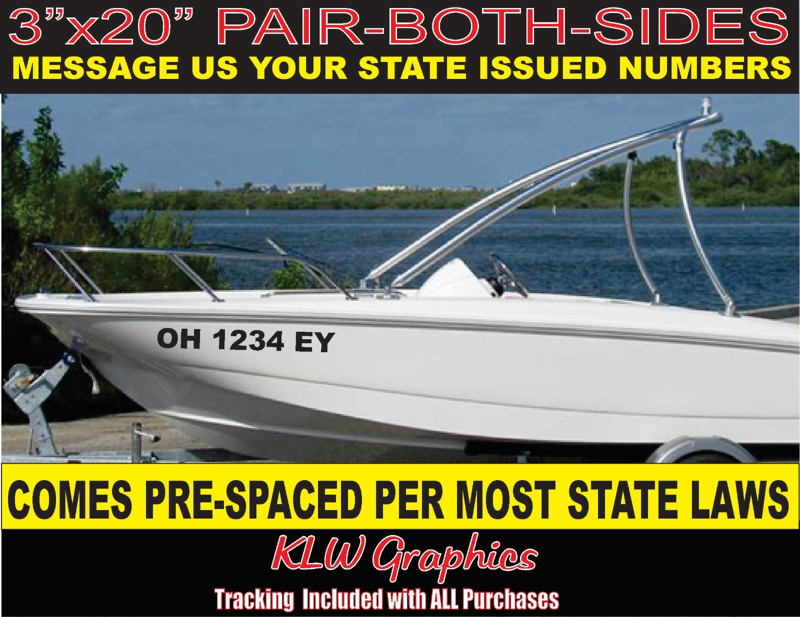 PAIR BOAT REGISTRATION NUMBER # VINYL LETTERING DECAL STICKER HULL ID ...