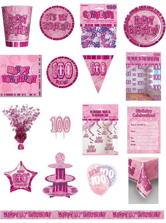 100 / 100th Birthday Pink Glitz Party Range - Party/Plates/Napkins ...