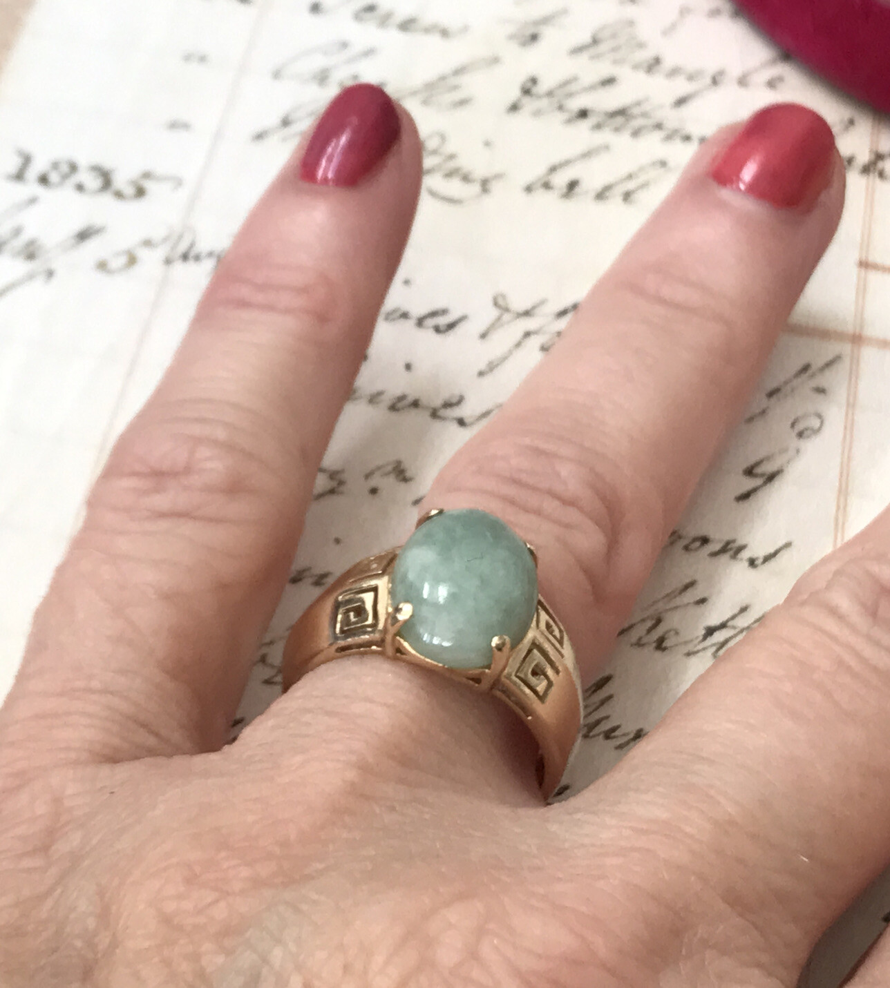 14K Imperial Jade Greek Key Design Ring Hallmarked - Gem