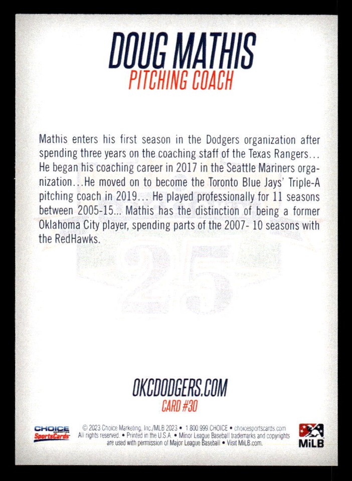 Doug Mathis 2023 Choice Oklahoma City Dodgers #30 Oklahoma City Dodgers ...