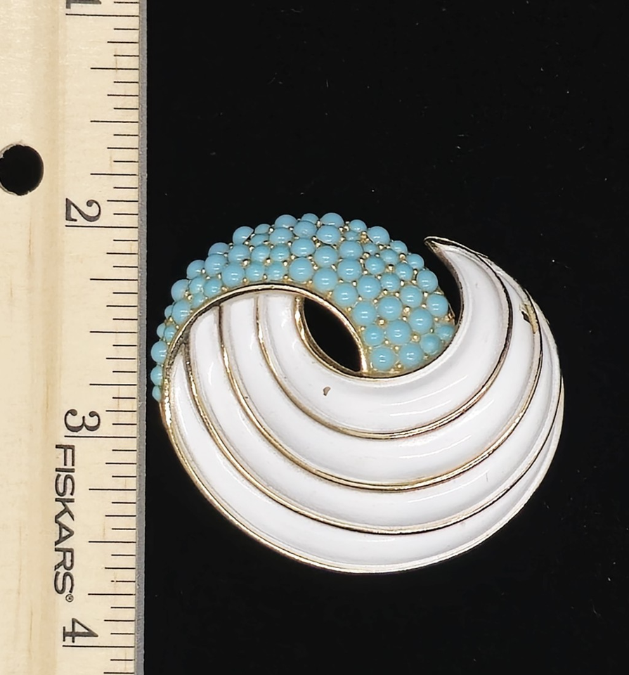 Vtg Signed Trifari White Enamel Faux Turquoise Blue Cabochon Swirl ...