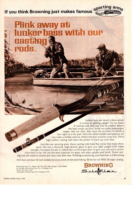 1972 BROWNING SILAFLEX FISHING ROD PRINT AD "PLINK AWAY AT LUNKER BASS ...