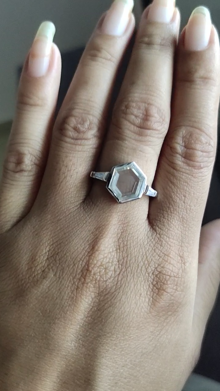 Hexagon Shape Portrait Cut Moissanite Engagement Ring Bezel Set 3 Stone ...