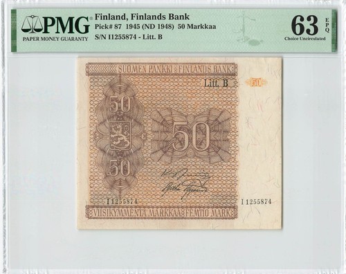 FINLAND 50 Markkaa 1945 (1948), P-87 Litt. B, PMG 63 EPQ Ch UNC, Rare ...