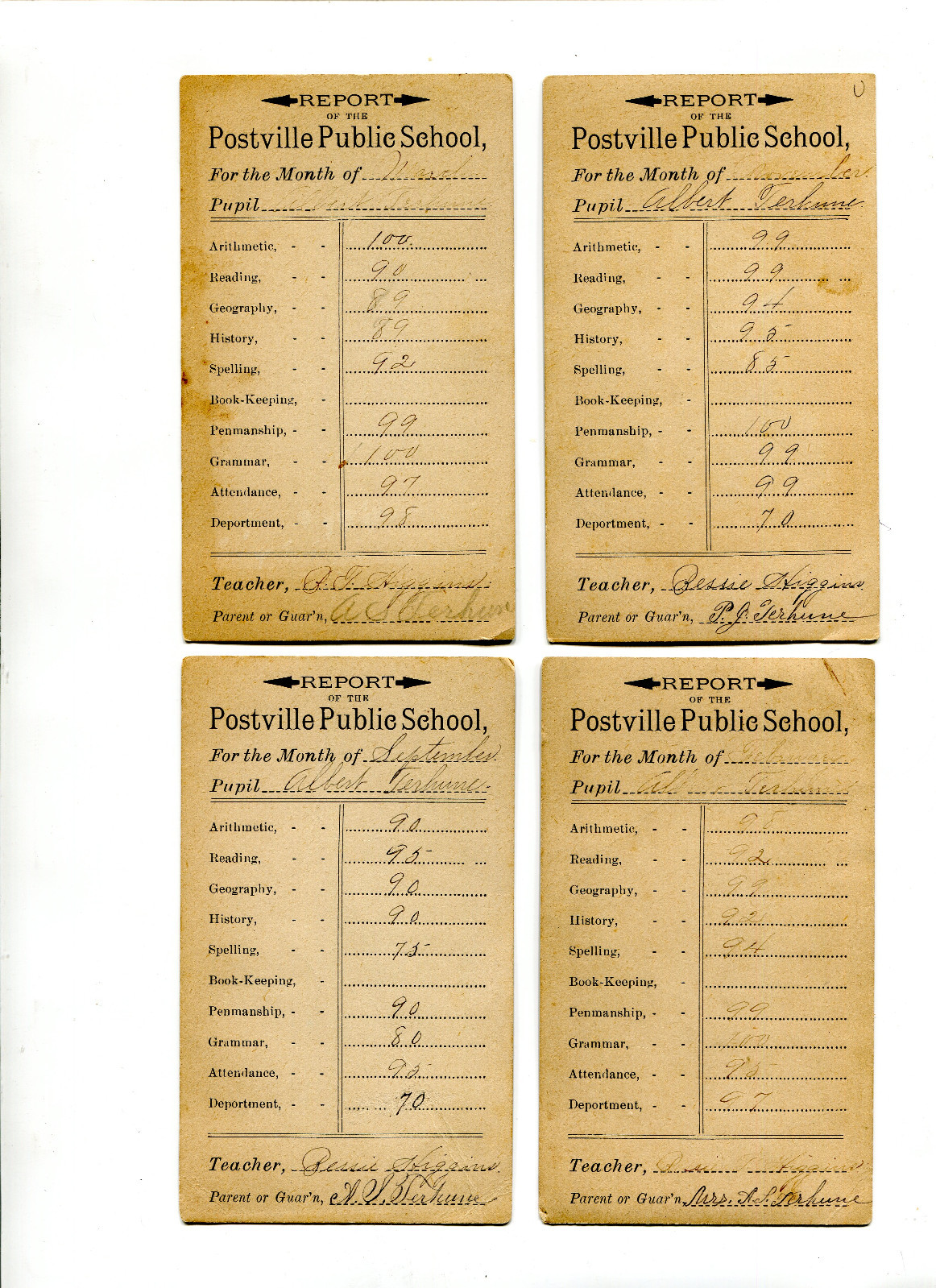 Vintage REPORT CARDS POSTVILLE PUBLIC SCHOOL set of 4 undated Jessie ...