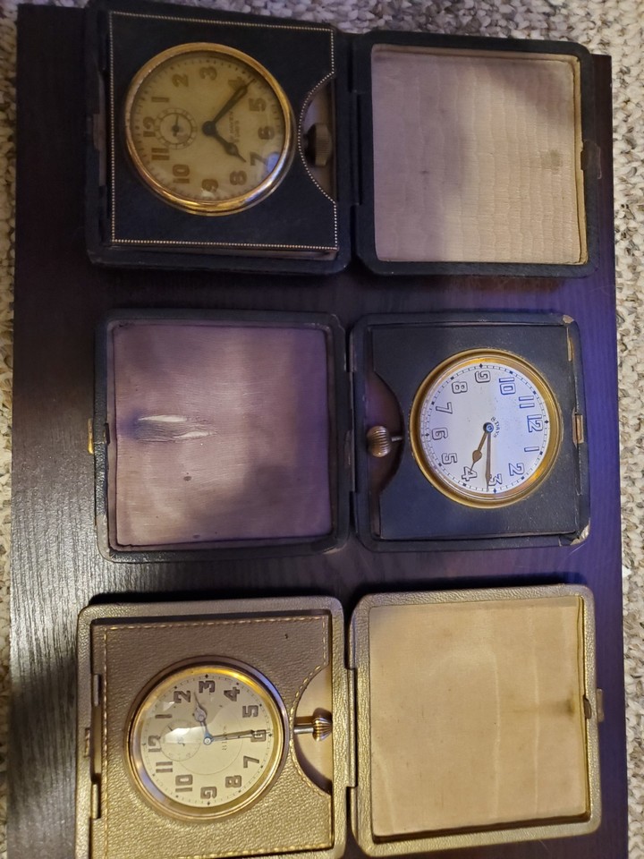 3 8 day Vintage Travel Alarm Clocks w/ leather cases (1 working)(1 ...