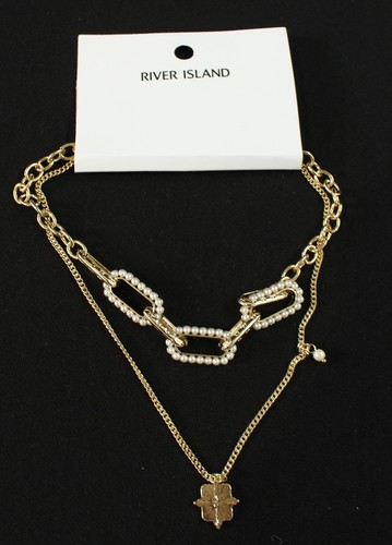 River Island Pearl Chain & Cluster Multi Row Necklace SV3 Gold-Tone ...